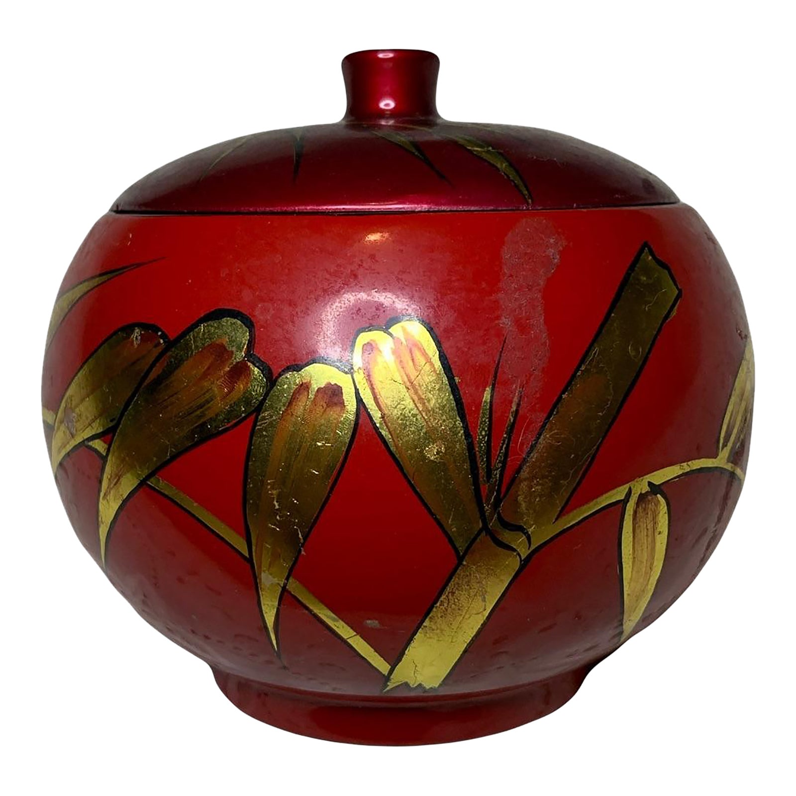 Vintage Round Asian Red and Gold Lacquerware Box With Lid Bamboo Hand ...