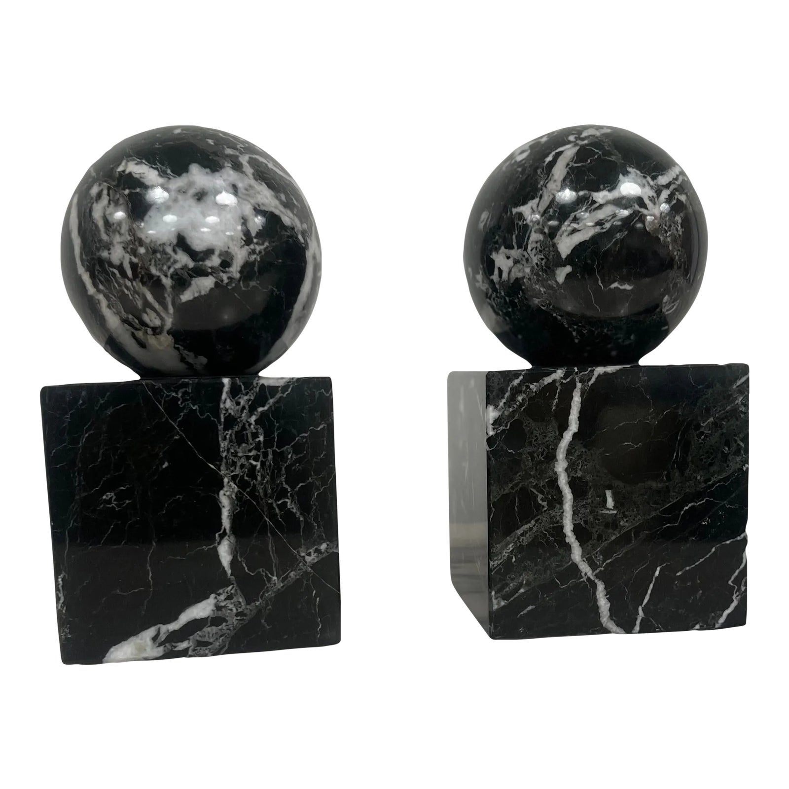 Modern Black Marble Orb on Cube Bookends With a Polished Finish - a ...