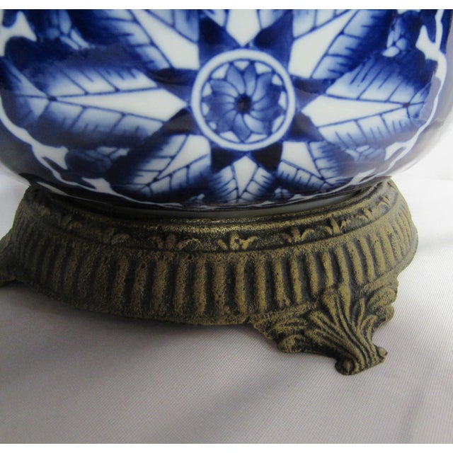 Vintage Bombay Co Blue + White Decorative Bowl + Metal Rim and Stand ...