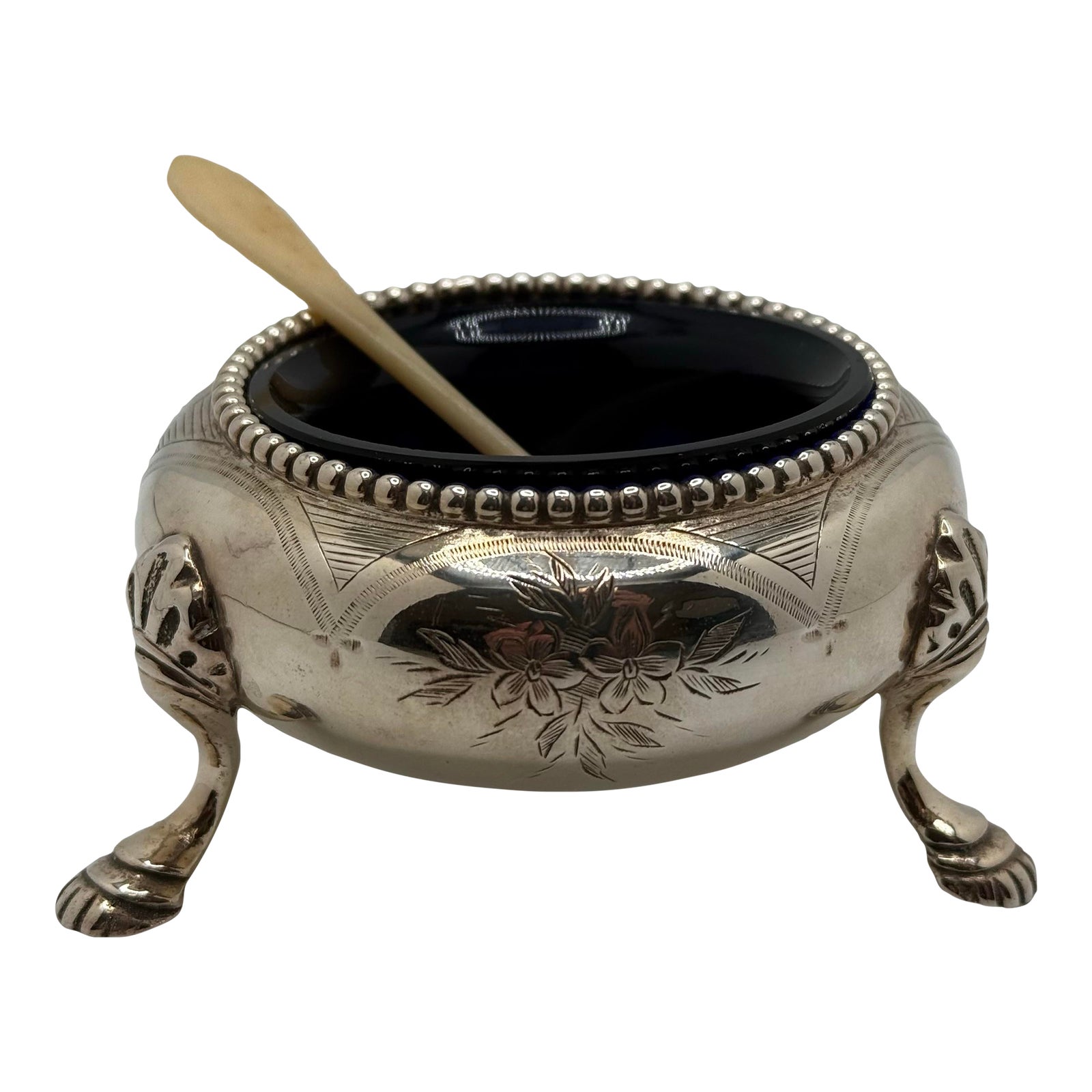 Victorian Silver Plate Open Salt Cellar With Cobalt Glass Liner & Spoon ...