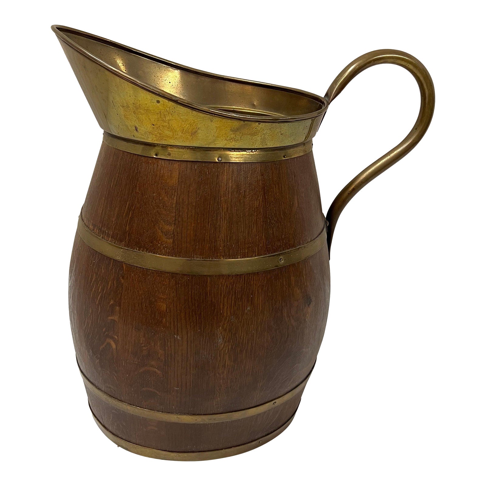 Large Antique Oak and Brass Barrel Pitcher or Umbrella Holder | Chairish