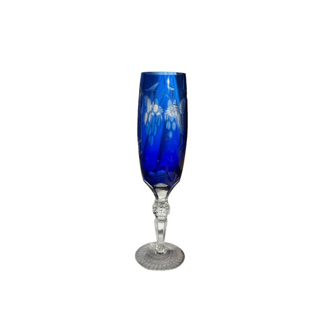 Bohemian Cobalt Blue Cut to Clear Crystal Champagne Flute | Chairish