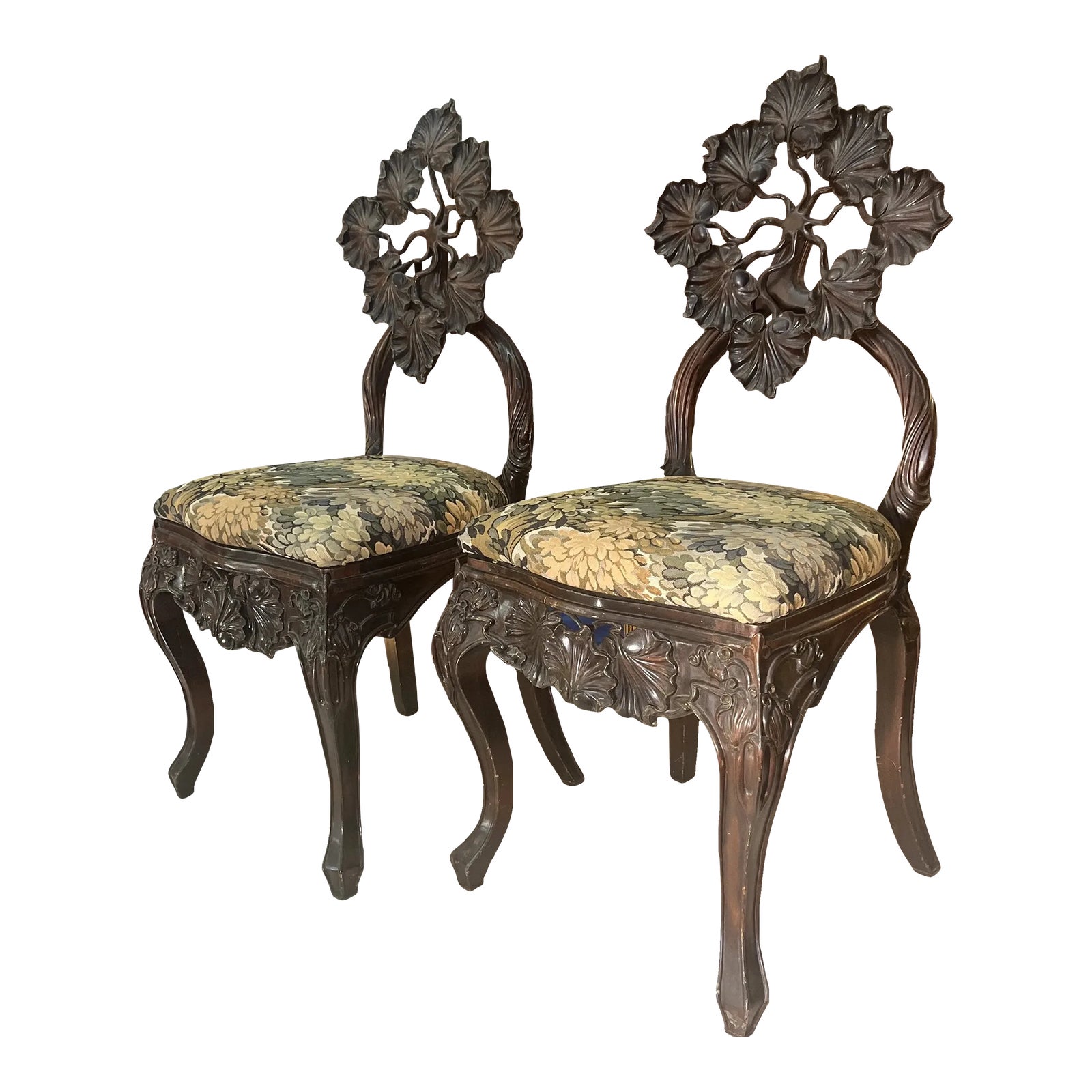 Late 20th Century Pair of Art Nouveau Hand Carved Walnut Chairs | Chairish