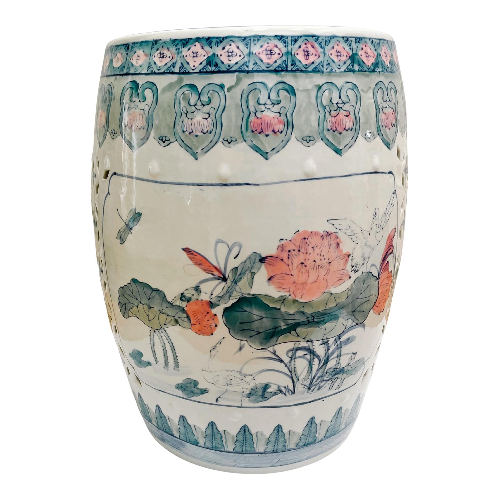 Chinese Ceramic Pink Lotus Garden Stool | Chairish