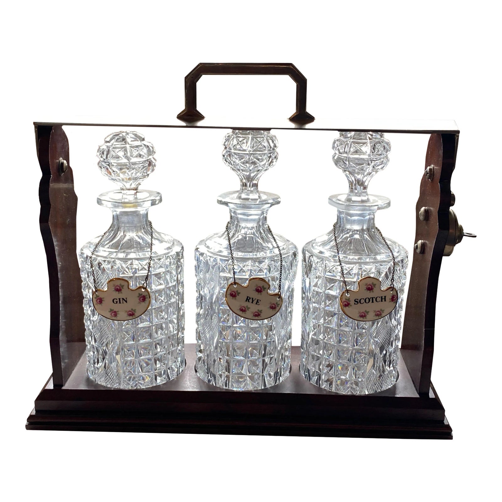 Tantalus With Three Bottles and Key | Chairish