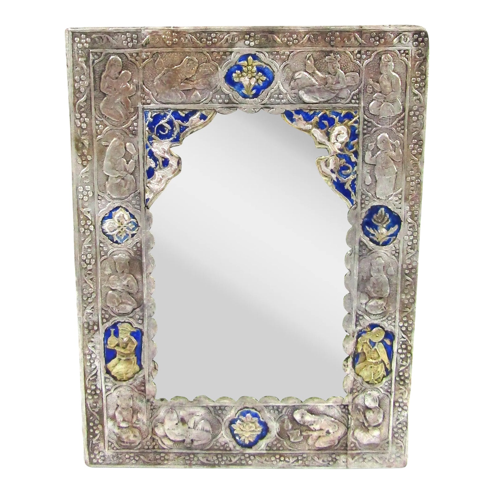 Antique Qajar Silver Plated and Enamel Decorative Mirror in Case | Chairish