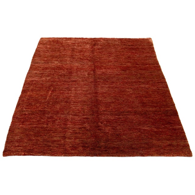 Hand-Loom Modern Gabbeh Style Wool Rug With Solid Rust Color | Chairish