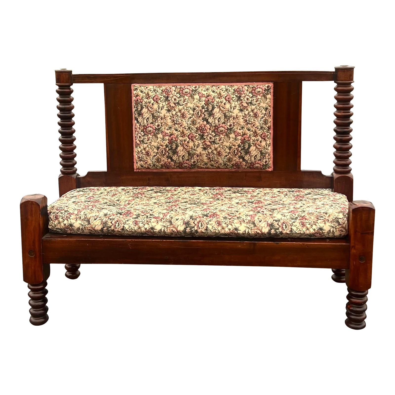 Vintage Turned Pine Spindle Handmade Rustic Farmhouse Bench | Chairish