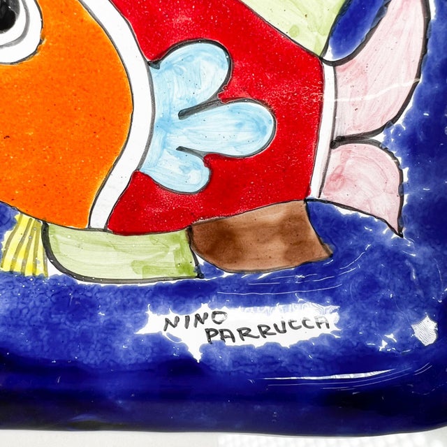 1990s Hand Painted Art Plate Blue Fish Nino Parrucca Ceramiche Palermo ...