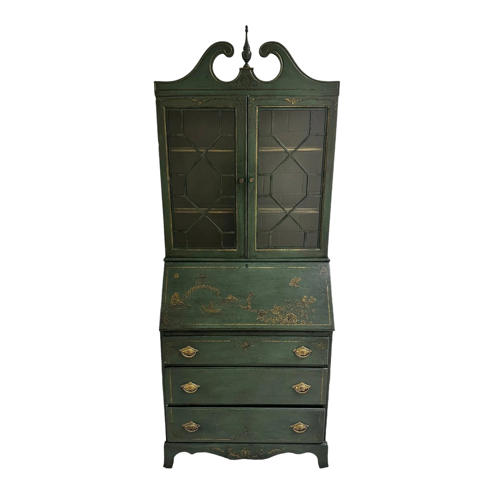 Vintage Chippendale Hand Painted Green and Gold Chinoiserie Secretary ...