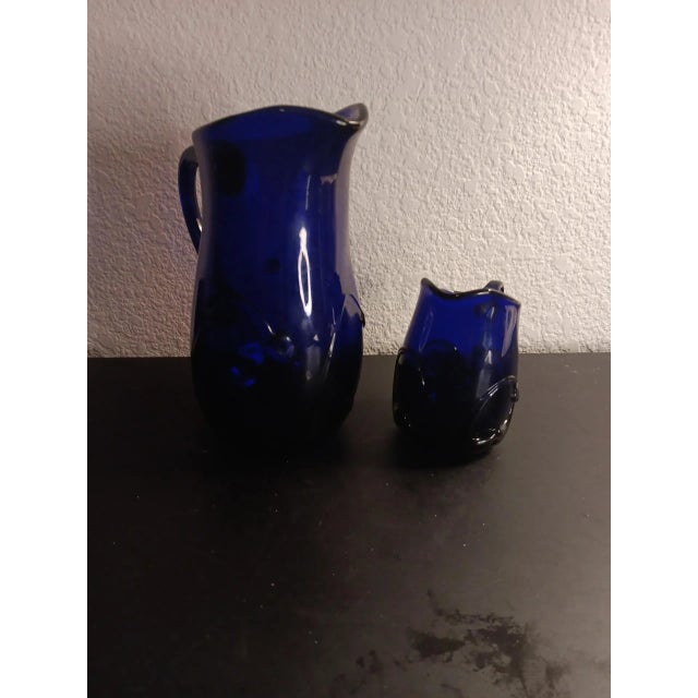 1980s Signed Mexican Blown Art Glass Pair Of Cobalt Blue Pitchers Set