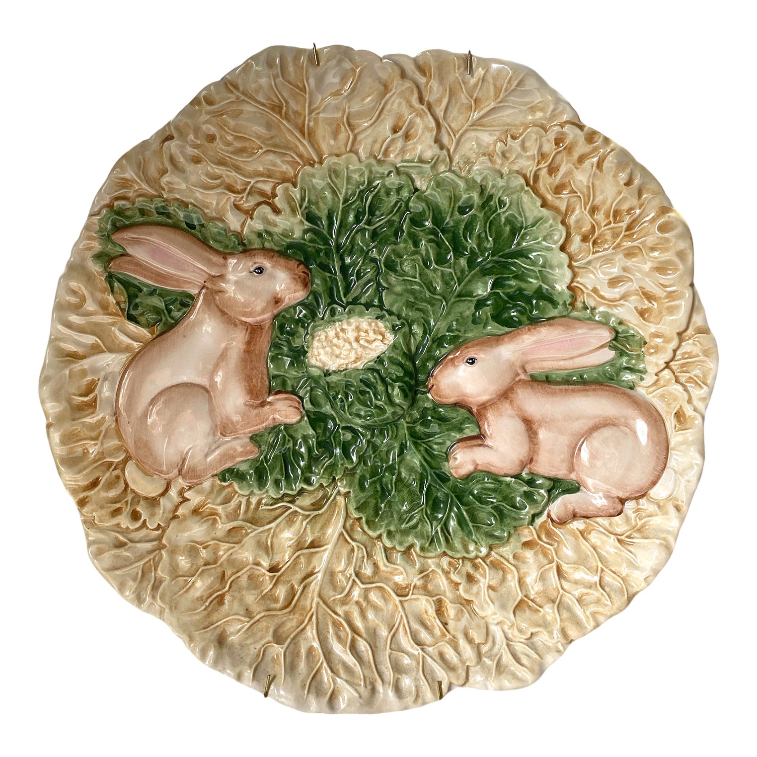 1980s Large Hand Painted Italian Cabbage Ware Charger With Two Bunnies ...