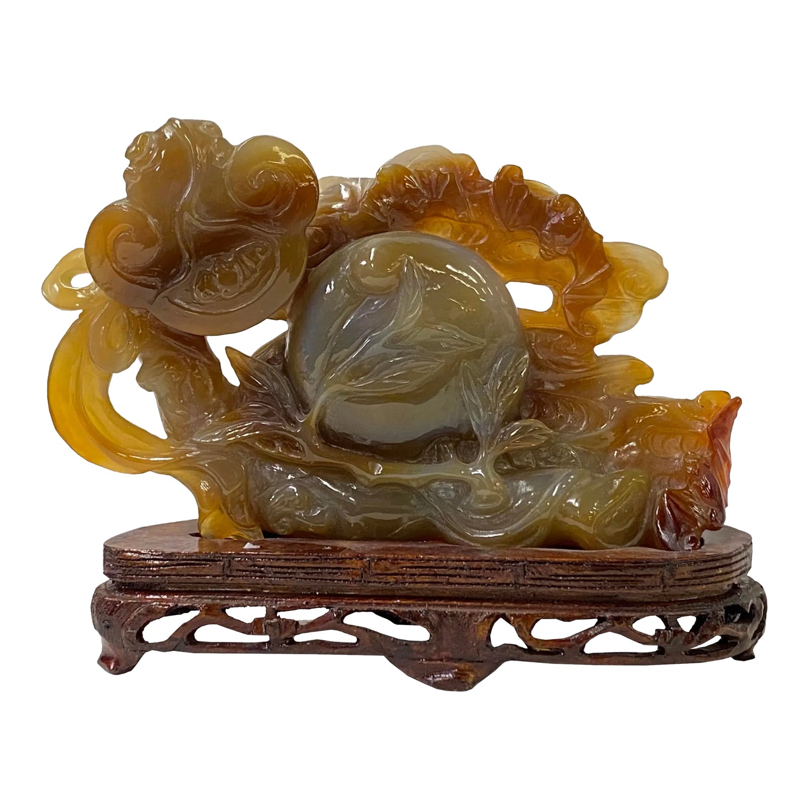 Chinese Hand Carved Agate Stone Peach RuYi Cloud Scroll Display Art ...