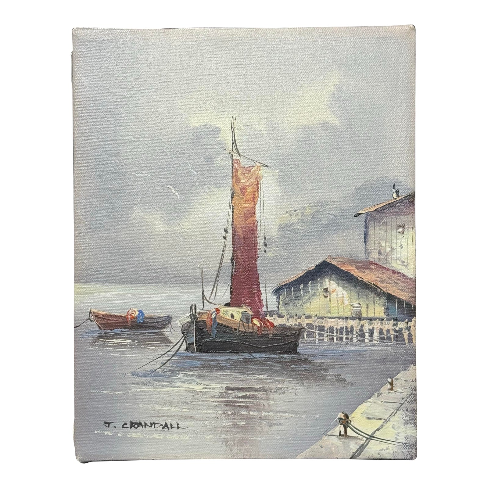 Vintage Traditional Harbor Seascape Original Oil Painting in Slate Gray ...