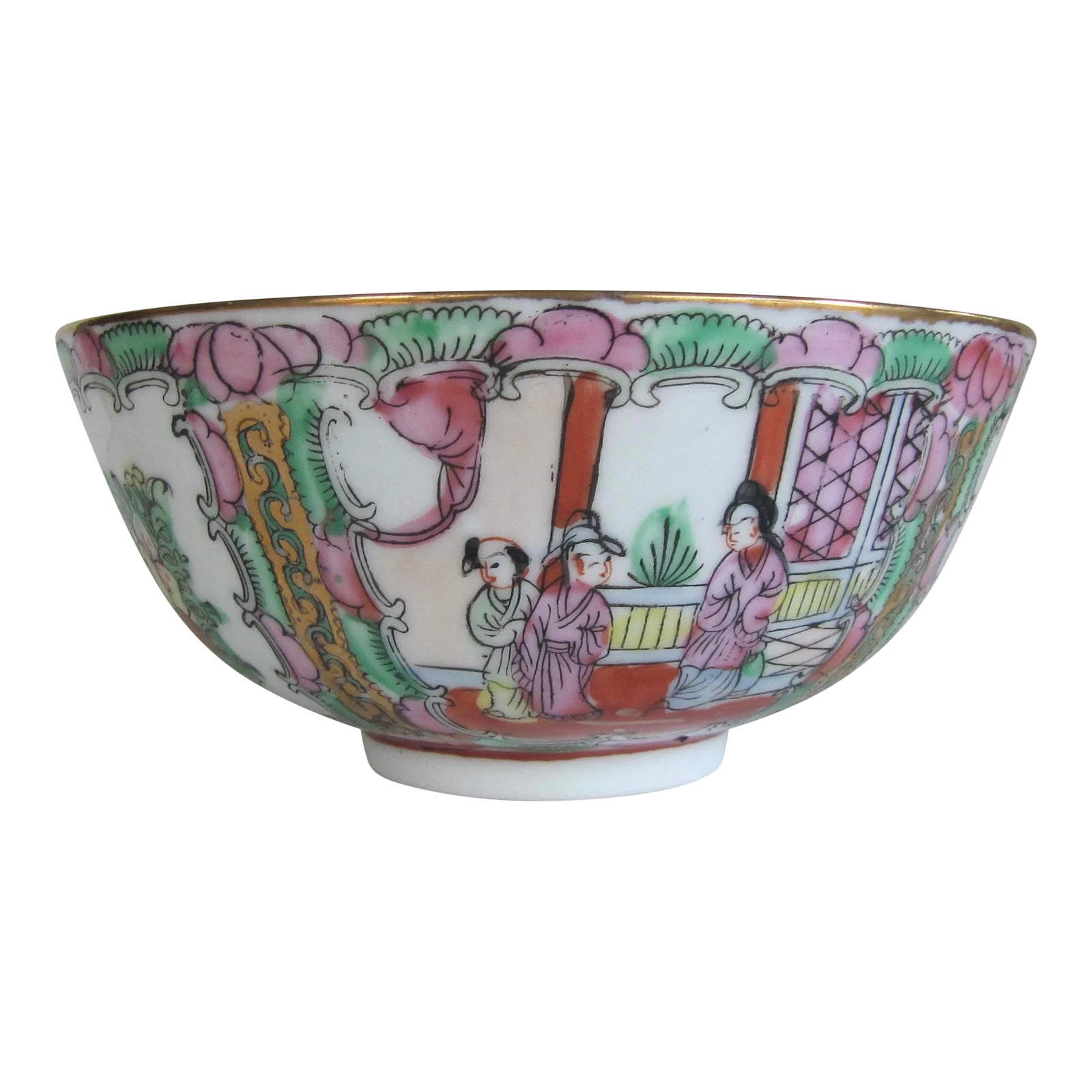 Vintage Japanese Pink Flower & Green Bowl With Orange Accents | Chairish
