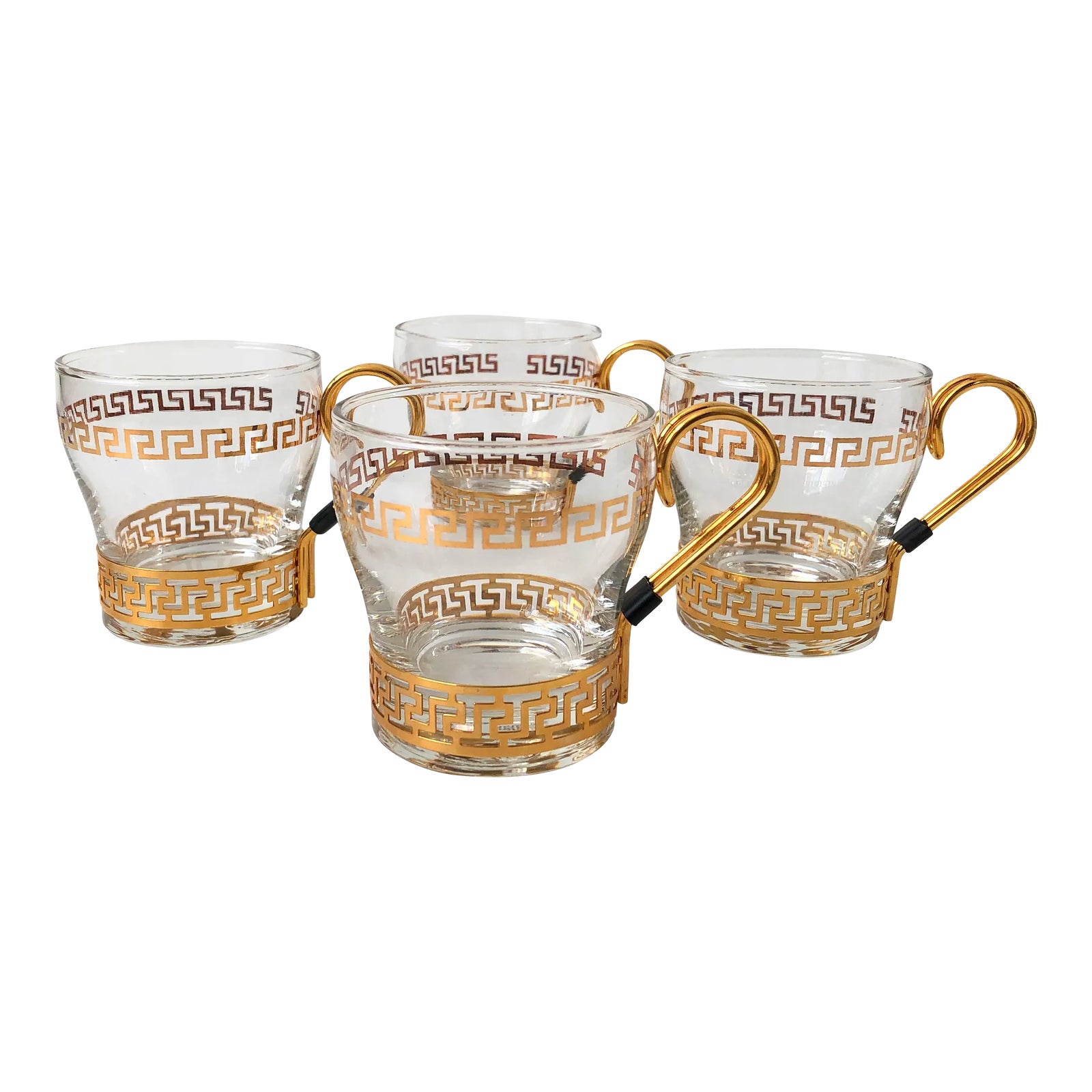 Vintage Greek Key Mugs With Brass Holders - Set of 4 | Chairish