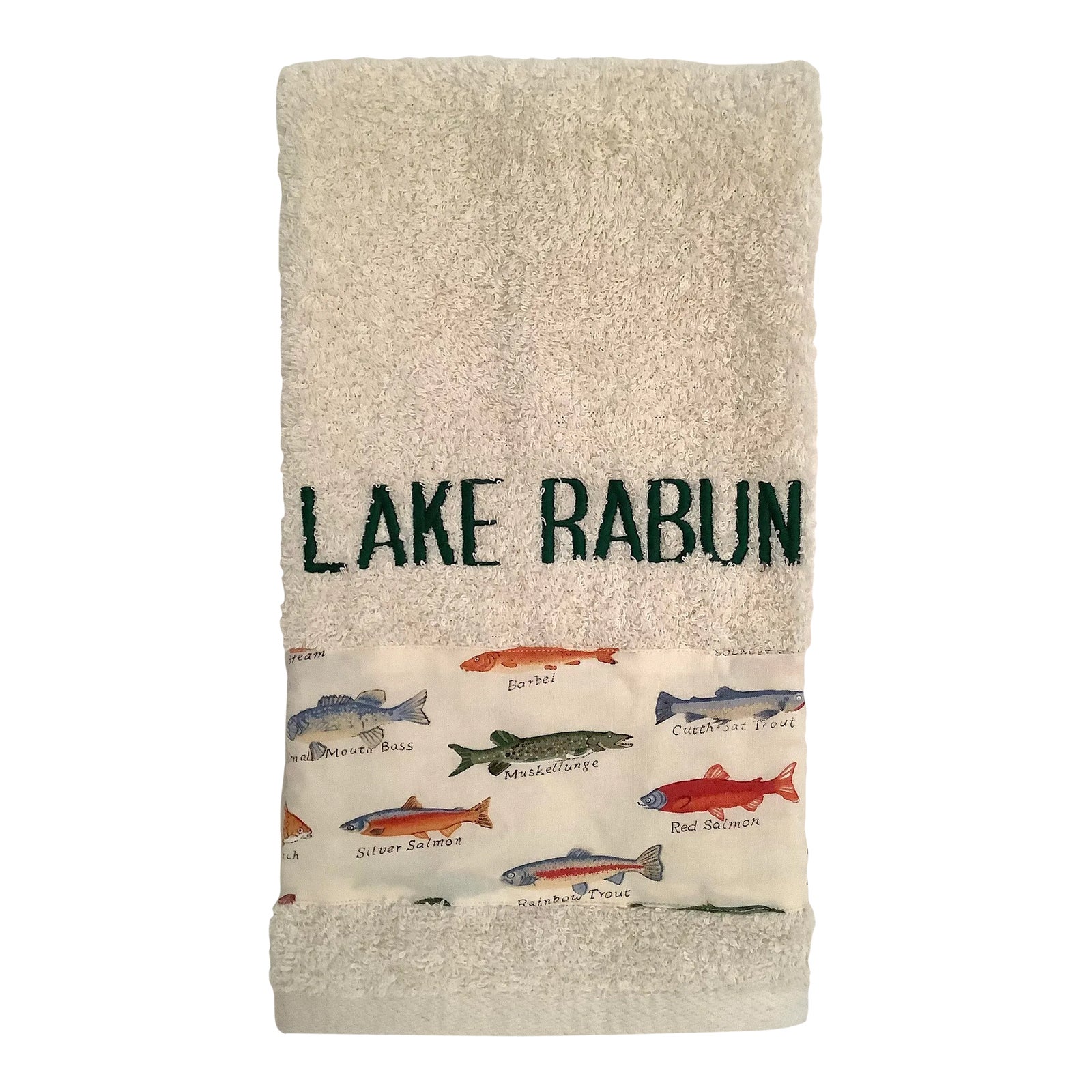 Embroidered Lake Rabun Hand Towel W/Fish Border | Chairish