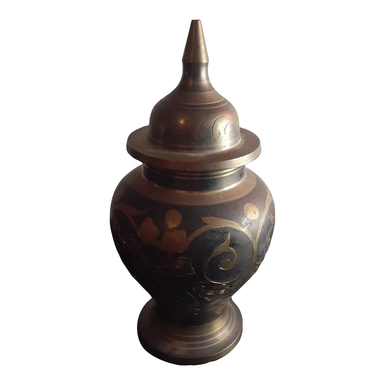1970s Solid Brass Etched Lidded Urn Vase Made in India | Chairish