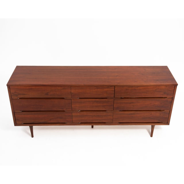 American Mid Century Walnut Nine Drawer Dresser Tapered Legs Hidden ...