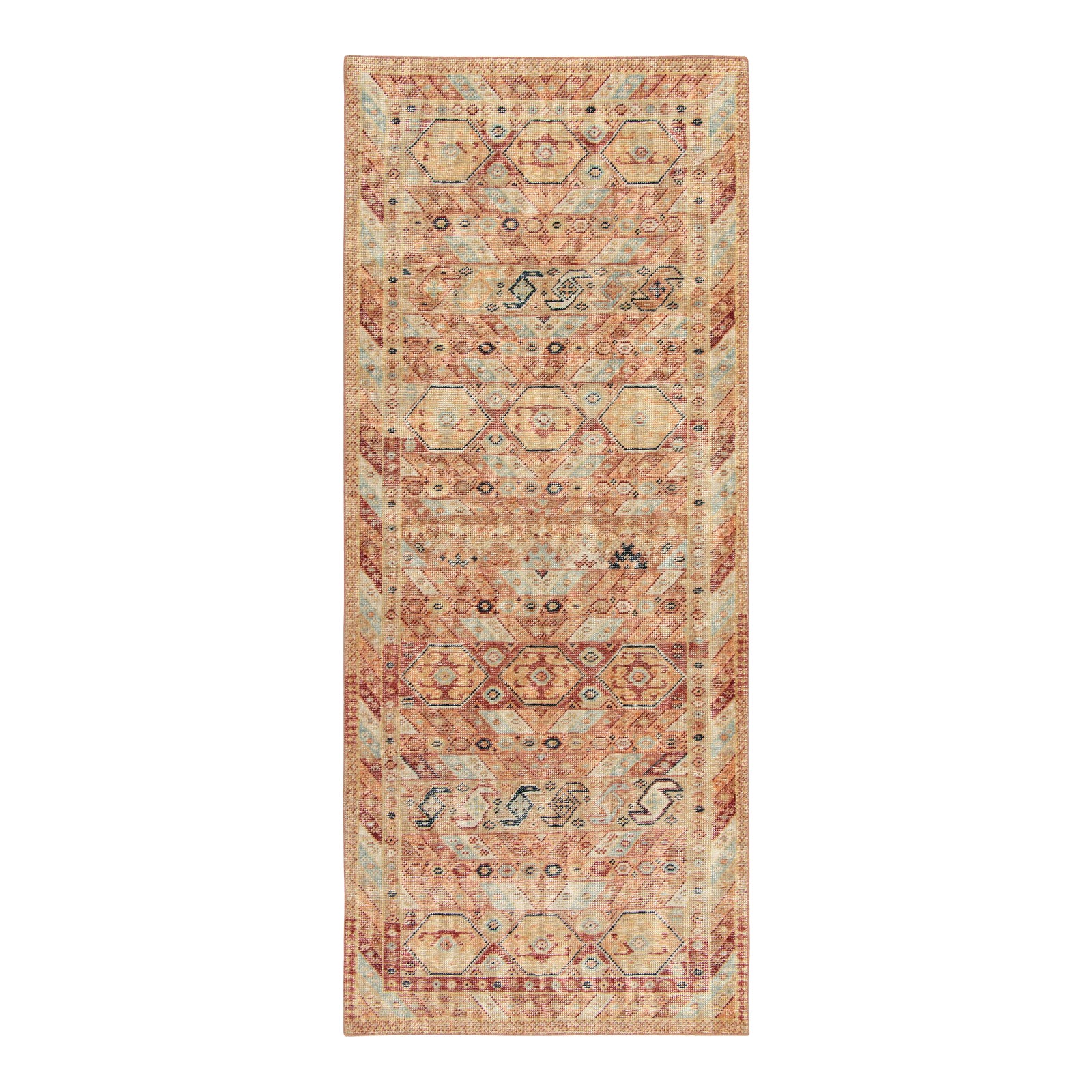 Distressed Style Tribal Runner in Orange, Red & Blue Pattern by Rug ...