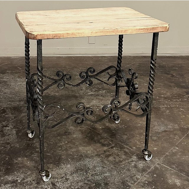 Antique Rustic Butcher Block Wrought Iron Dessert Table | Chairish