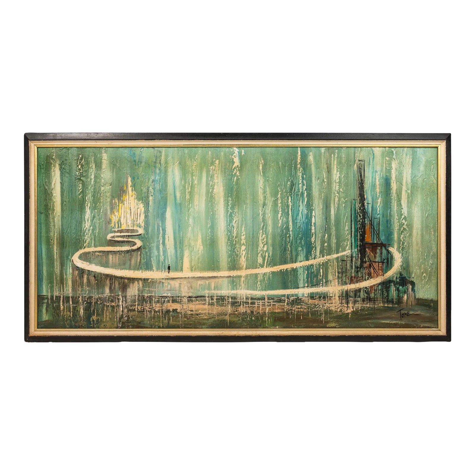 Signed Mid-Century Modern Abstract Surrealism Cityscape Oil on Canvas ...