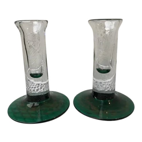 1990s Mid-Century Modern Blenko Green Base Candlesticks - a Pair | Chairish