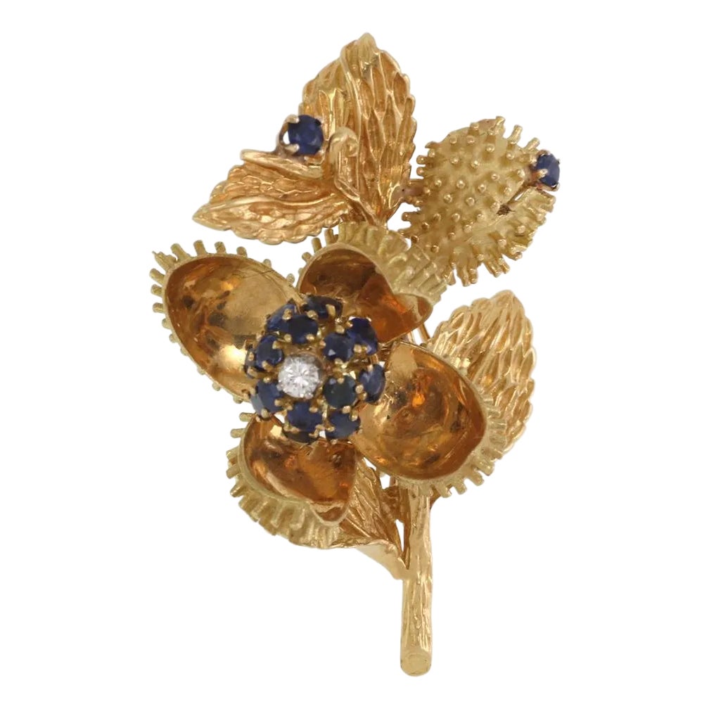 Tiffany & Co. Diamond Sapphire 18k Gold Floral Movable Brooch | Chairish