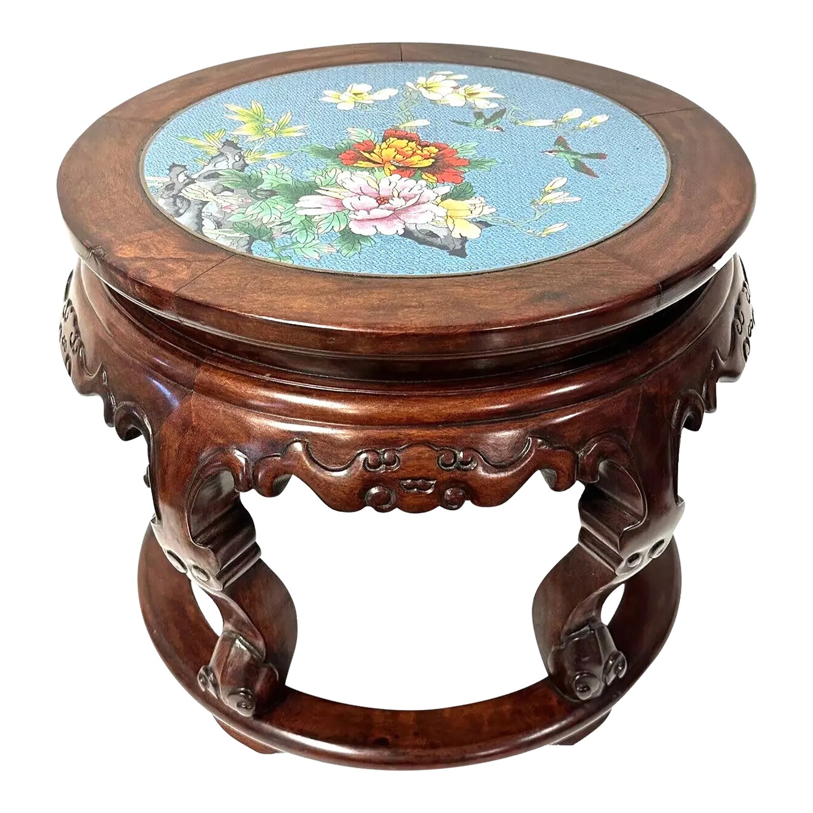 Late 20th Century Chinese Round Cloisonne Floral Inlay Top Wood Small ...