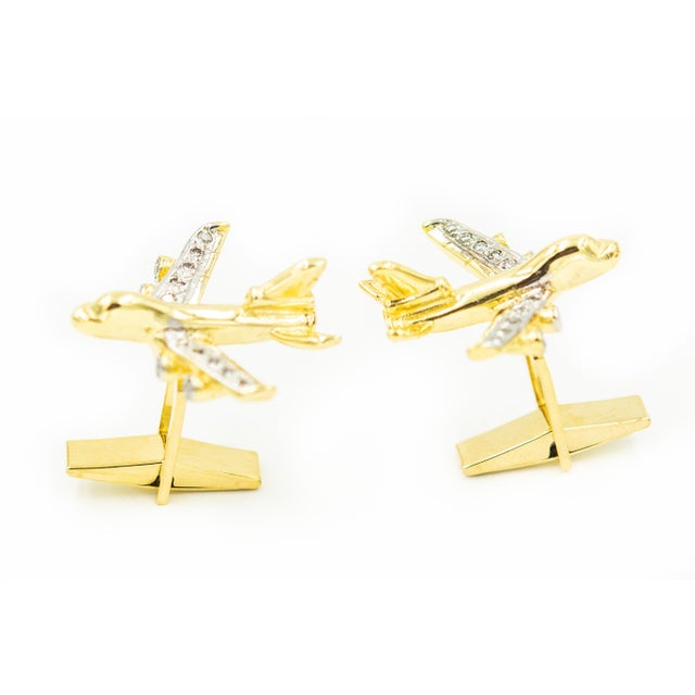 Airplane Plane Diamond Yellow Gold Cufflinks - 2 Pieces | Chairish