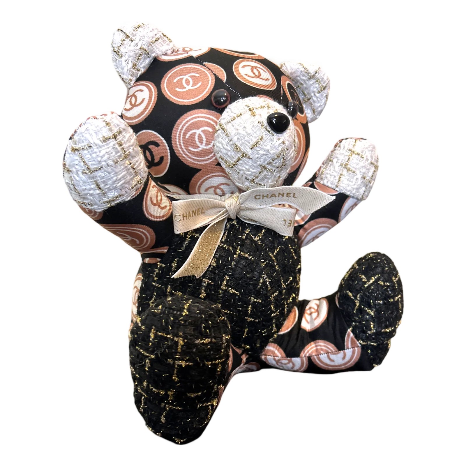 Chanel CC Logo Vintage Silk Scarf Patchwork Teddy Bear | Chairish