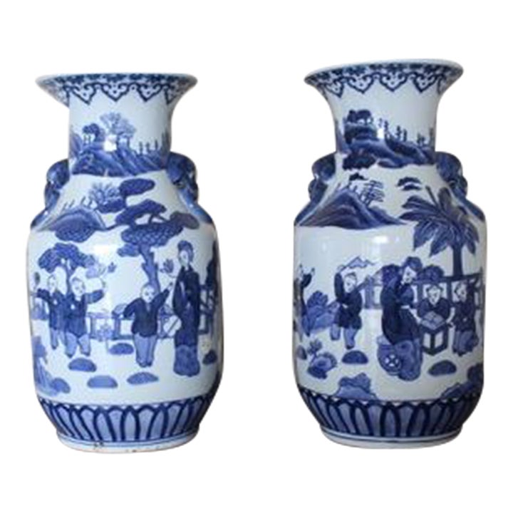 Pair of Blue & White Chinese Porcelain Figural Scenic Vases W/ Doyle ...