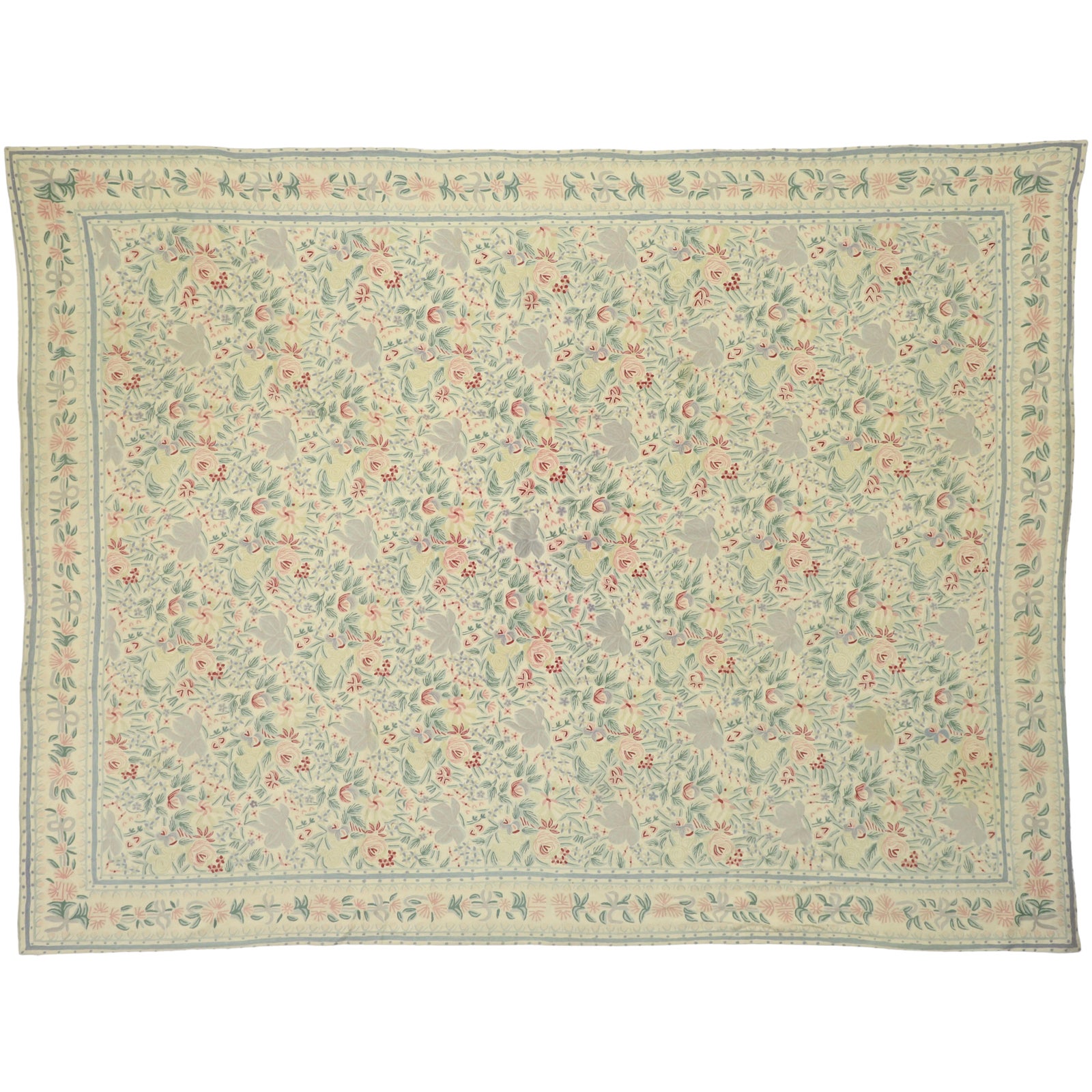 Vintage Cottage Chain Stitch Floral Area Rug With French Provincial ...