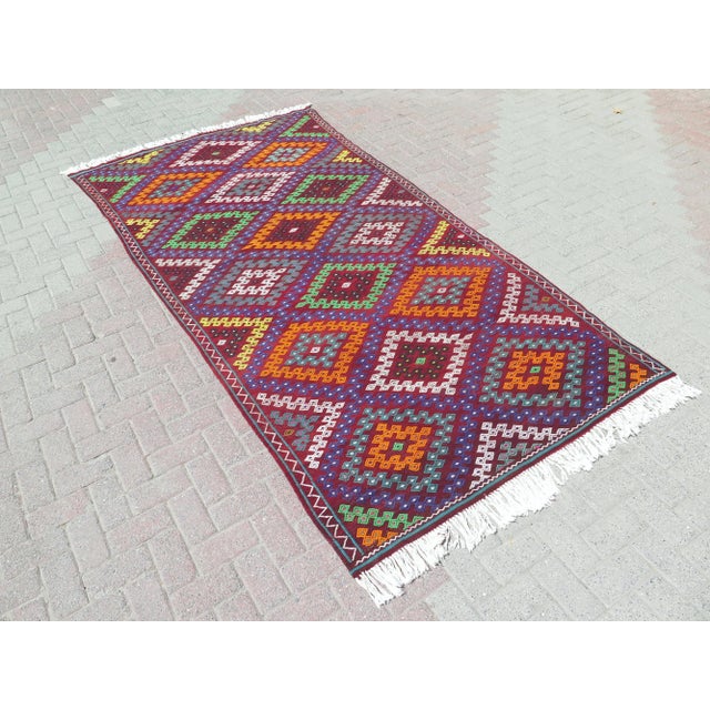 Mid 20th Century 60s Bright Colors Turkish Embroidered Boho Kilim Area ...