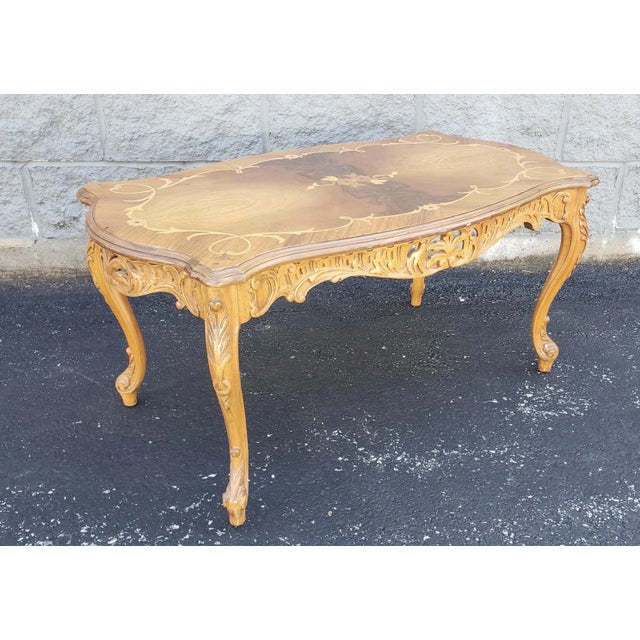 Italian Rococo Revival Marquetry Fruitwood Coffee Table | Chairish