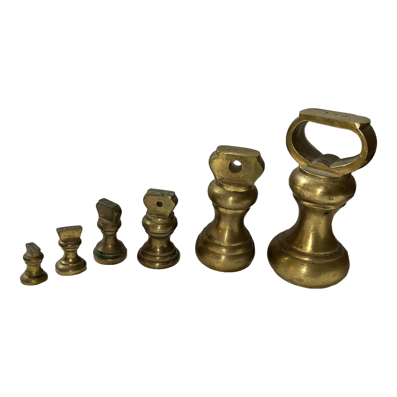 Early 20th Century English Brass Set of 6 Weights for a Scale | Chairish