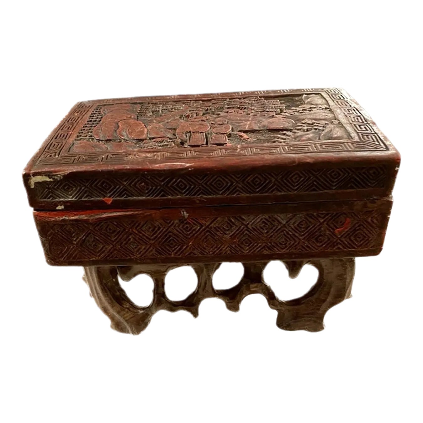Old Chinese Cinnabar Box on a Carved Wooden Stand | Chairish