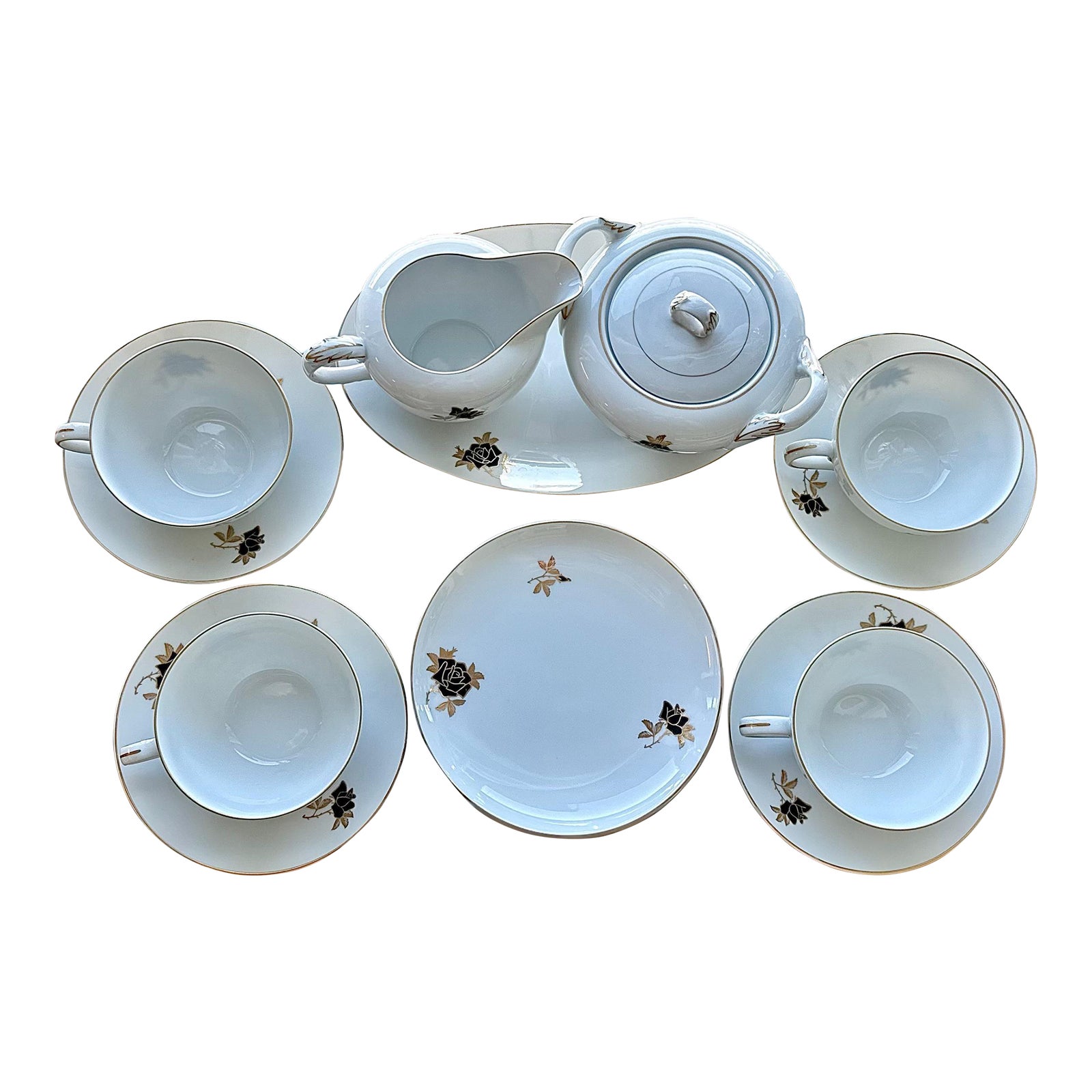 Mid 20th Century Fukagawa Arita "Black Rose" Tea Set (15 Pieces) | Chairish