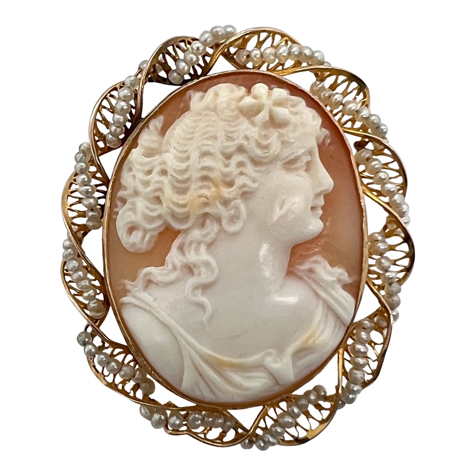 Victorian 10k Gold Carved Cameo With Seed Pearl Twisted Bezel | Chairish