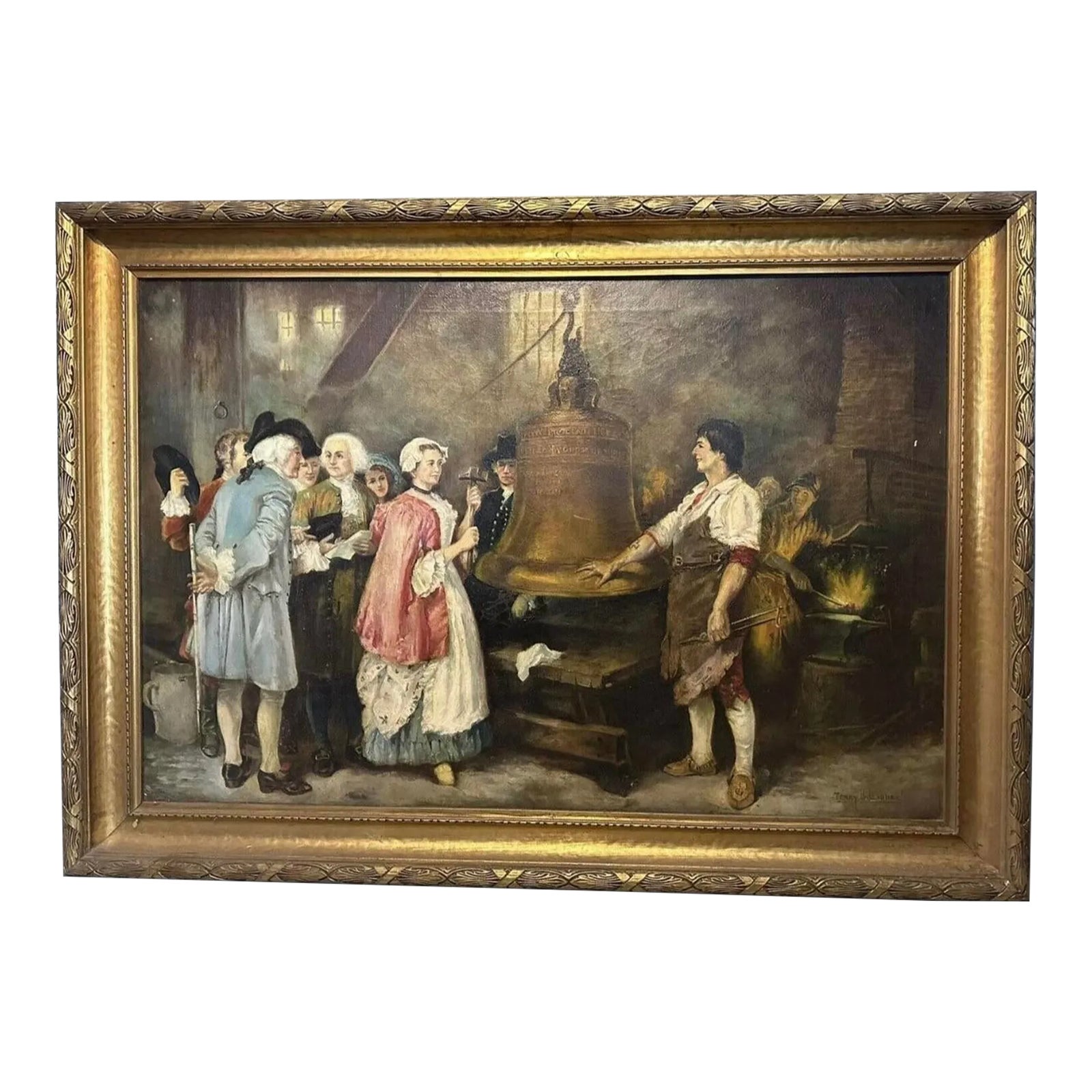 Antique Victorian Oil Painting on Canvas Ringing the Liberty Bell ...