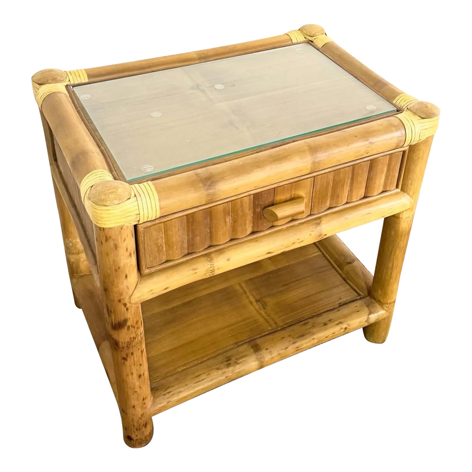 Boho Chic Bamboo Rattan Nightstand With Glass Top | Chairish