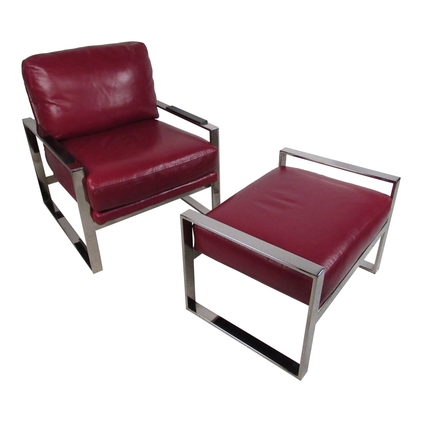 Mid-Century Modern Chrome and Leather Chair with Ottoman | Chairish