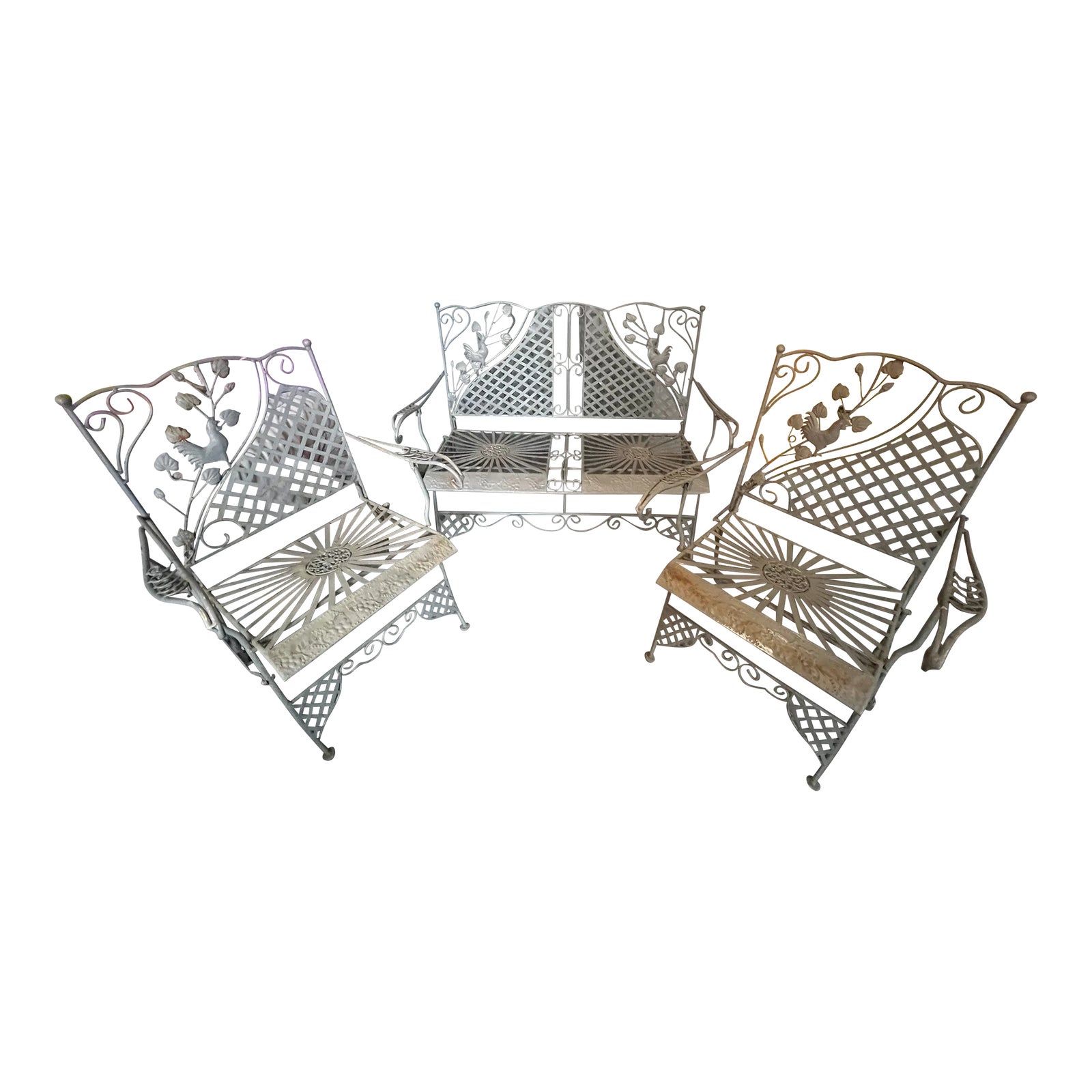 1990s Wrought Iron Rooster Motif Settee, Chairs and Screen, 4 Pieces ...