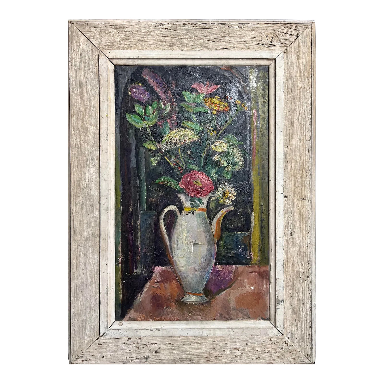 1948 E. Romano "Flower in White Vase" Oil Painting on Pressed Board ...