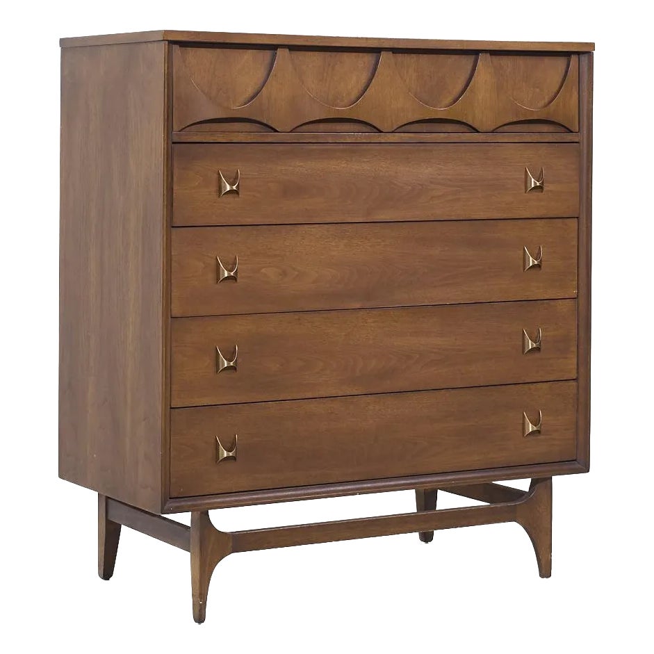 Broyhill Brasilia Mid Century Walnut and Brass Highboy Dresser | Chairish