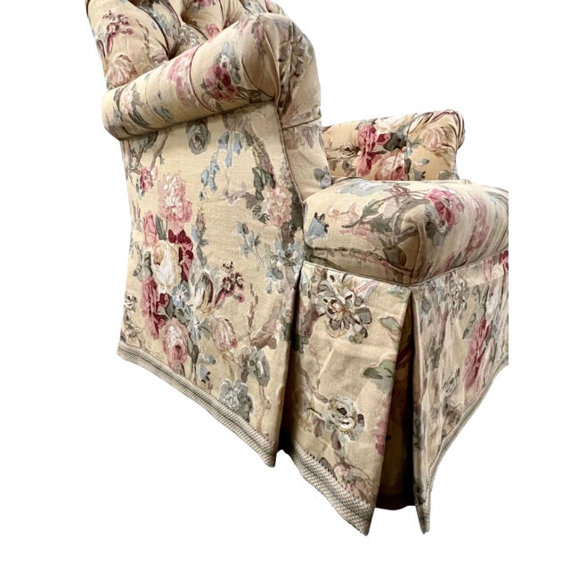 Traditional Custom Floral Tufted Linen Chairs – a Pair | Chairish