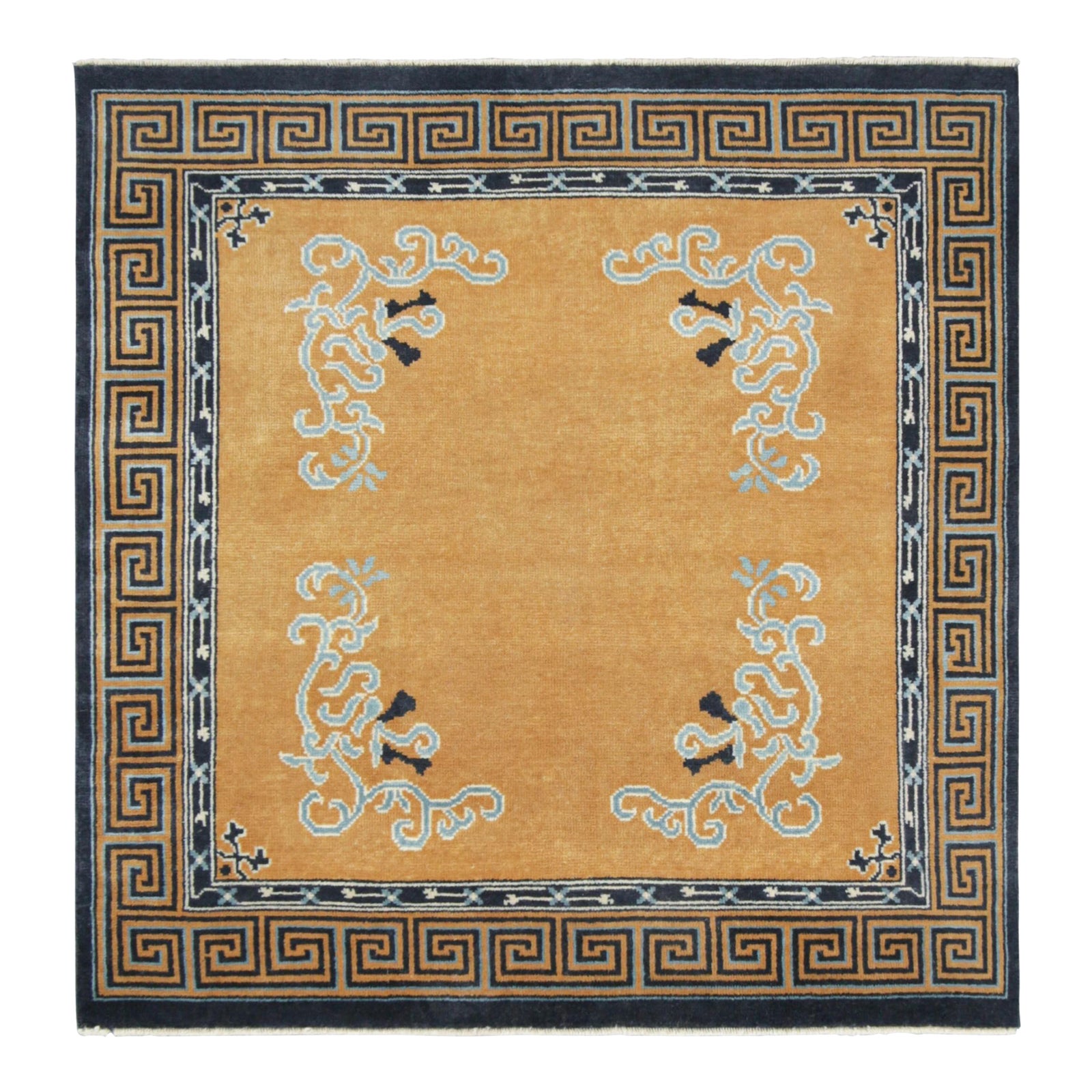 Rug & Kilim’s Chinese Art Deco Style Square Rug in Amber Gold With ...
