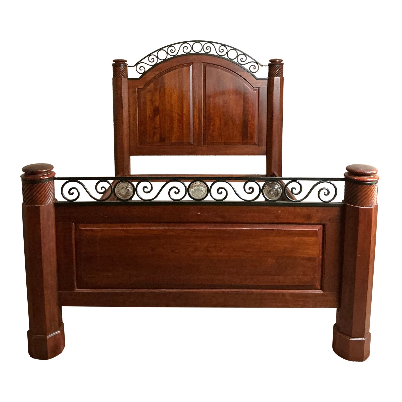 1990s Queen Bed Frame – Solid Wood & Wrought Iron Scroll, Carved Posts ...