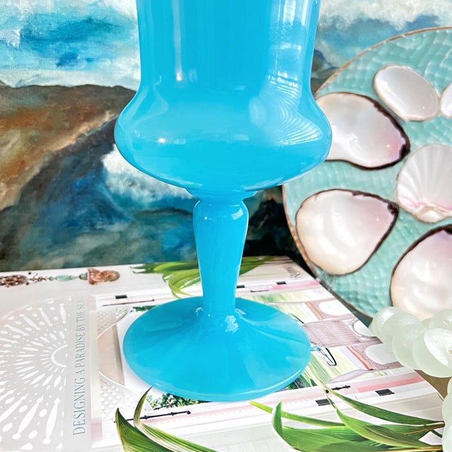 Late 20th Century Turquoise Blue Opaline Stemmed Glass Vase | Chairish