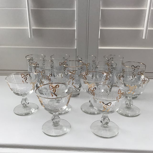 Vintage Libbey White Rose And Gold Ribbon Glasses S14 Chairish